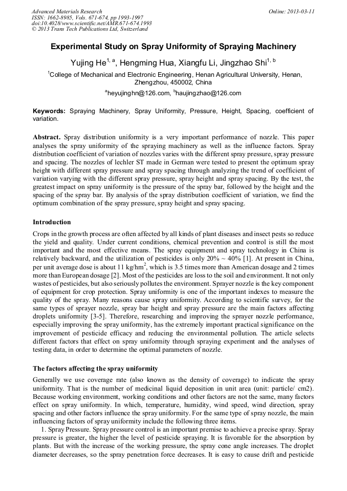 Experimental Study on Spray Uniformity of Spraying Machinery ...