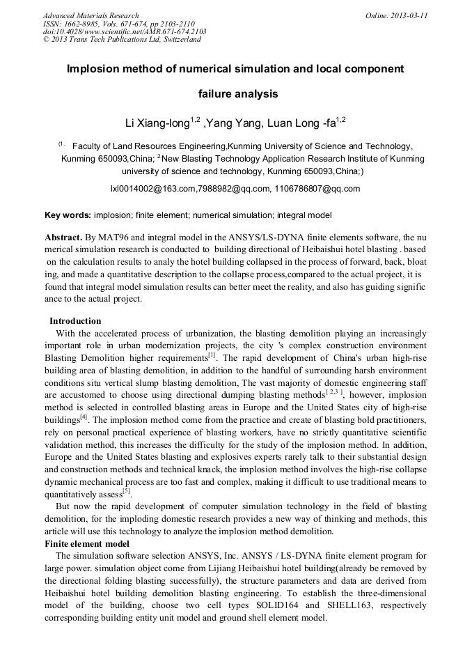 Implosion Method of Numerical Simulation and Local Component Failure ...