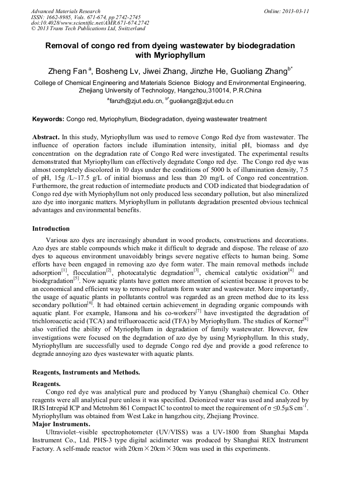 Removal of Congo Red from Dyeing Wastewater by Biodegradation with ...