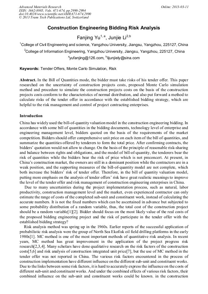 Construction Engineering Bidding Risk Analysis | Scientific.Net