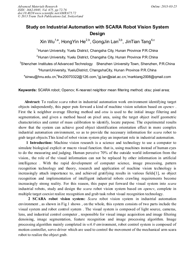 Study on Industrial Automation with SCARA Robot Vision System Design ...