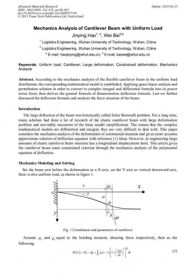 Mechanics Analysis of Cantilever Beam with Uniform Load | Scientific.Net