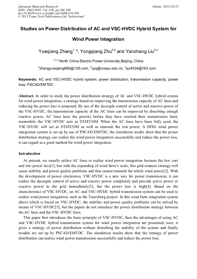 Studies on Power Distribution of AC and VSC-HVDC Hybrid System for Wind ...
