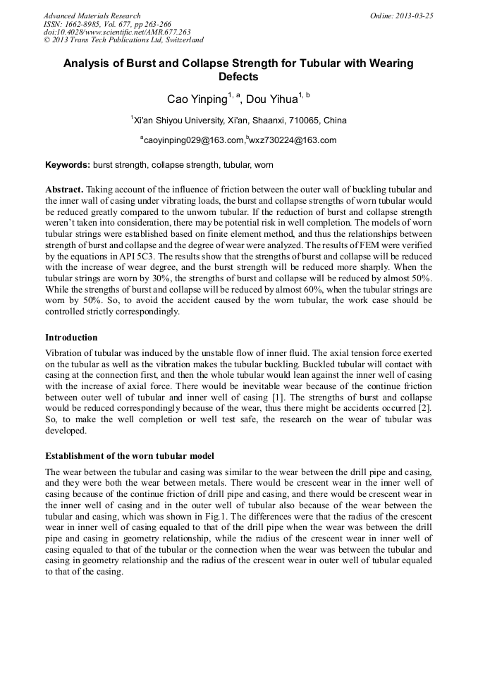 Analysis of Burst and Collapse Strength for Tubular with Wearing ...