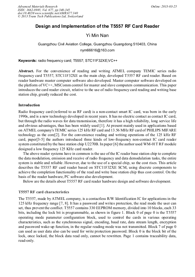Design and Implementation of the T5557 RF Card Reader | Scientific.Net