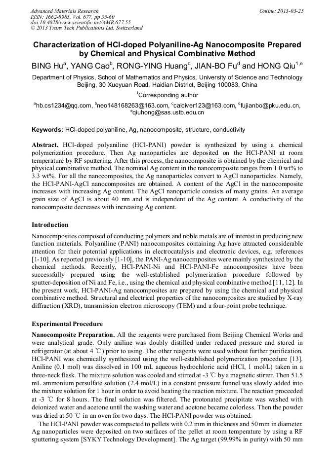 Characterization of HCl-Doped Polyaniline-Ag Nanocomposite Prepared by ...