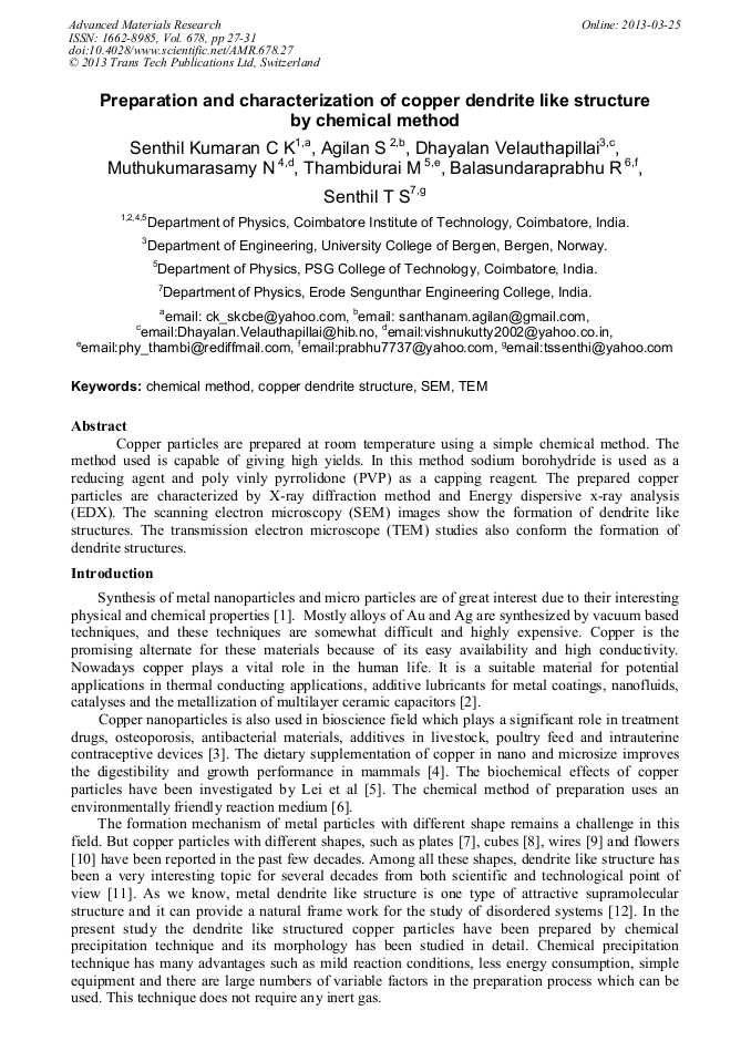 Preparation and Characterization of Copper Dendrite Like Structure by ...