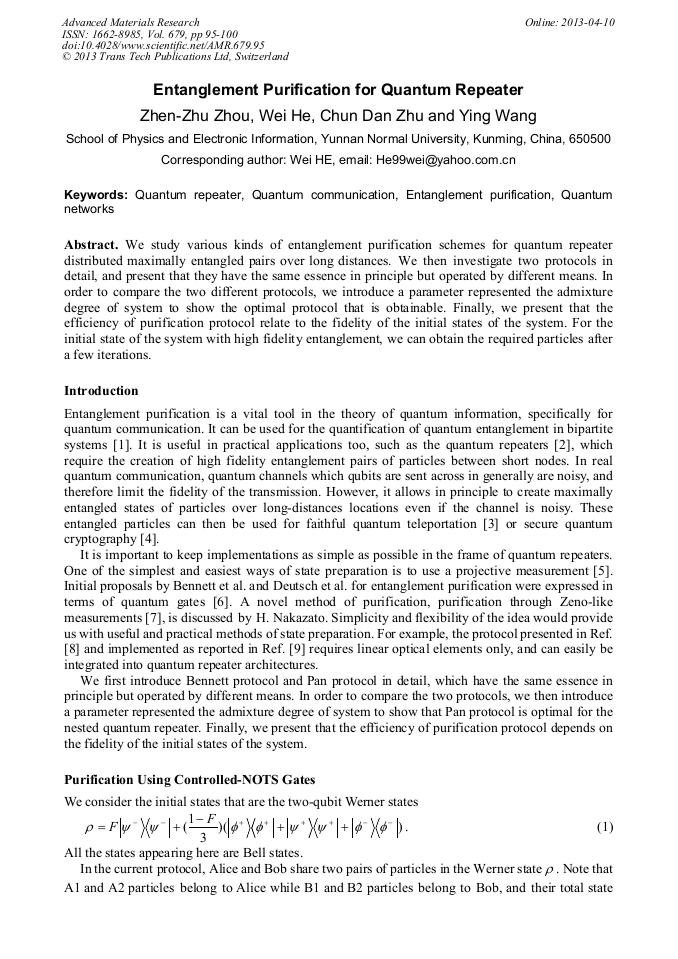 Entanglement Purification for Quantum Repeater | Scientific.Net
