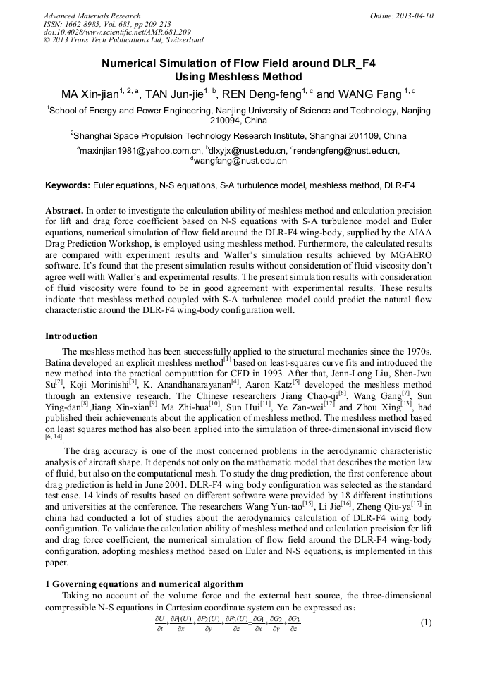 Numerical Simulation of Flow Field around DLR_F4 Using Meshless Method ...