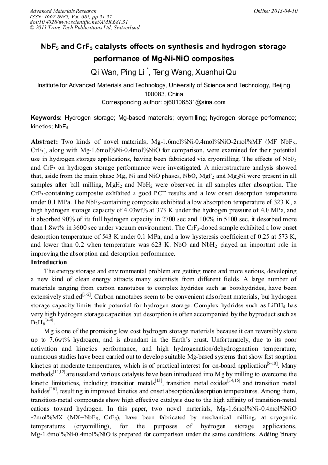 NbF5 and CrF3 Catalysts Effects on Synthesis and Hydrogen Storage ...