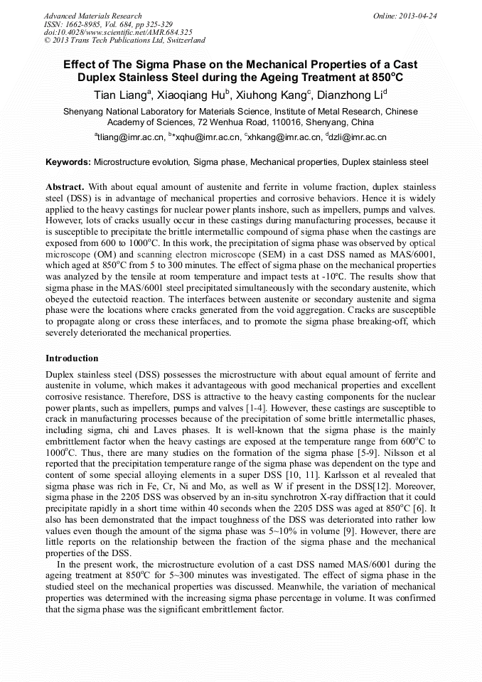 Effect of The Sigma Phase on the Mechanical Properties of a Cast Duplex ...