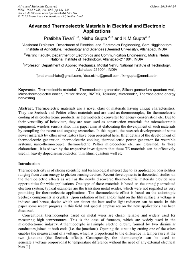 Advanced Thermoelectric Materials in Electrical and Electronic ...