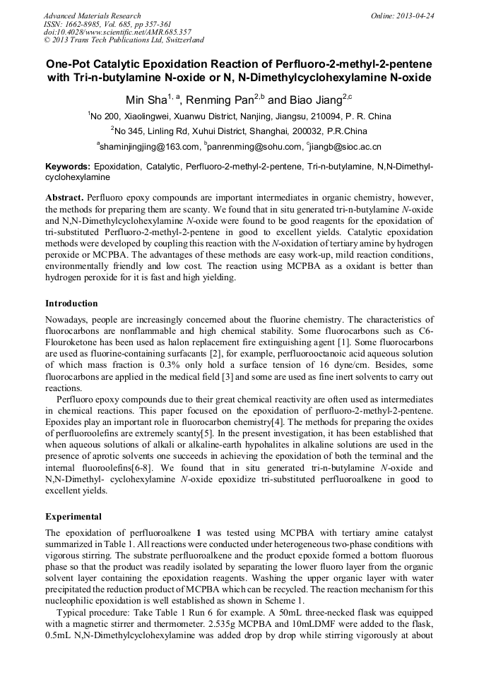 One-Pot Catalytic Epoxidation Reaction of Perfluoro-2-methyl-2-pentene ...