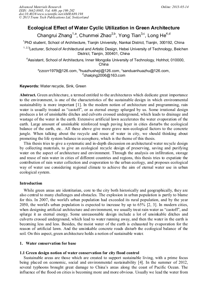 Ecological Effect of Water Cyclic Utilization in Green Architecture ...
