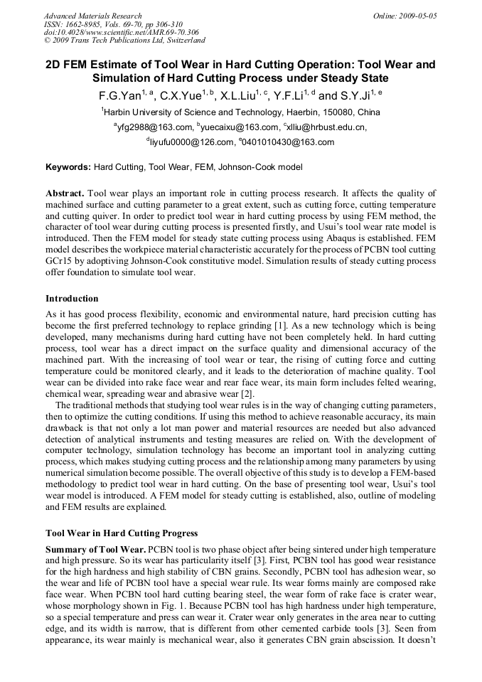 2D FEM Estimate of Tool Wear in Hard Cutting Operation: Tool Wear and ...