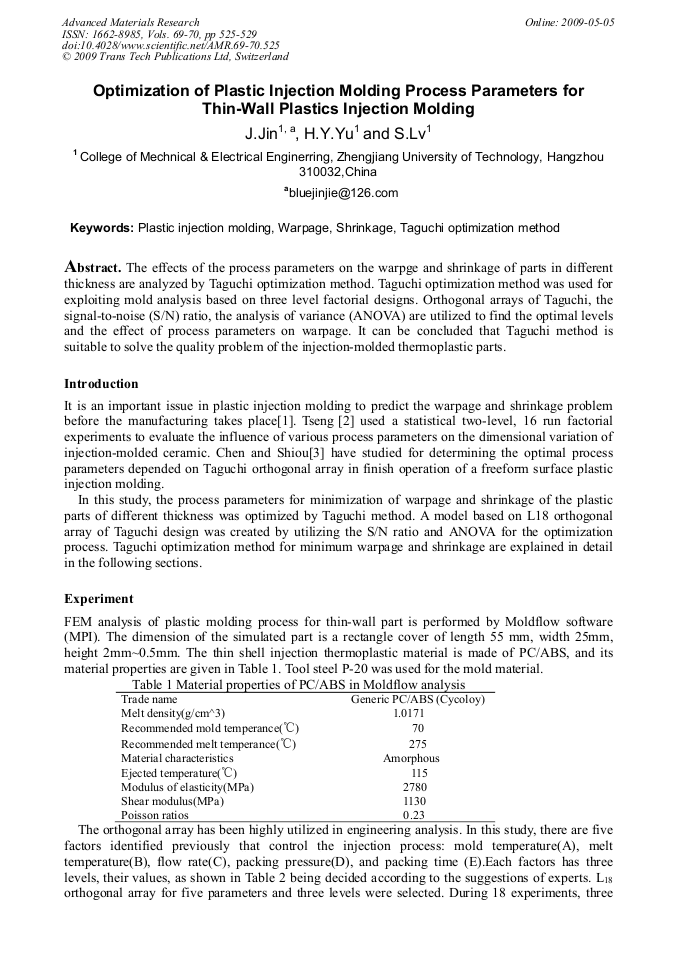 Optimization of Plastic Injection Molding Process Parameters for Thin ...