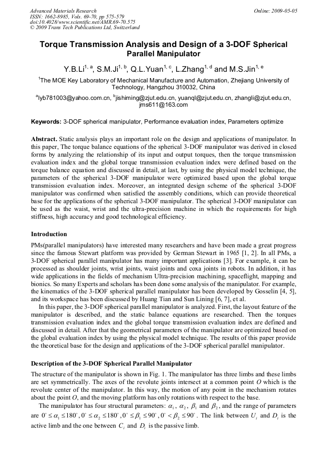 Torque Transmission Analysis and Design of a 3-DOF Spherical Parallel Manipulator | Scientific.Net