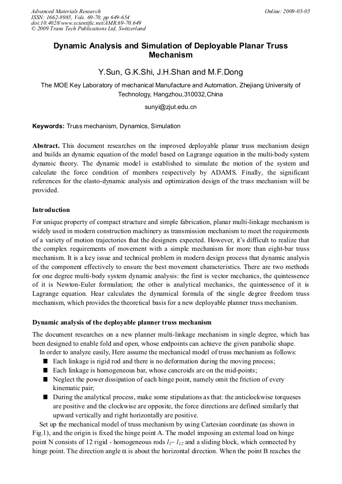 Dynamic Analysis and Simulation of Deployable Planar Truss Mechanism | Scientific.Net