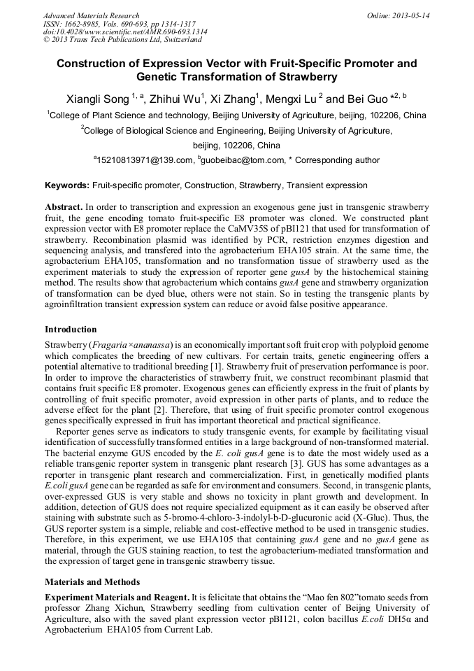 Construction of Expression Vector with Fruit-Specific Promoter and ...