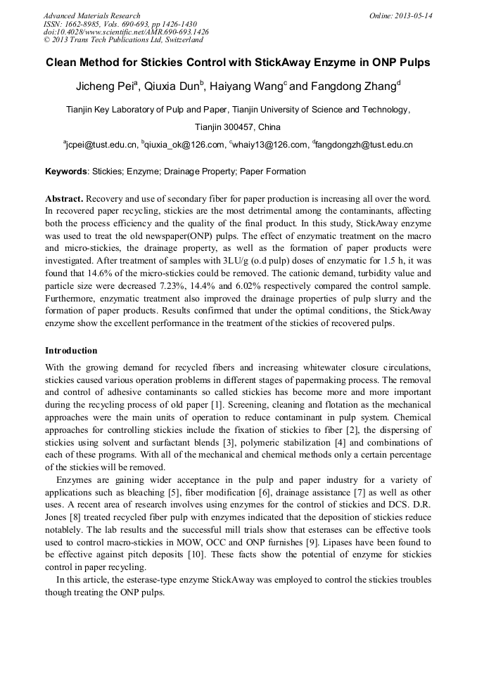 Clean Method for Stickies Control with StickAway Enzyme in ONP Pulps ...