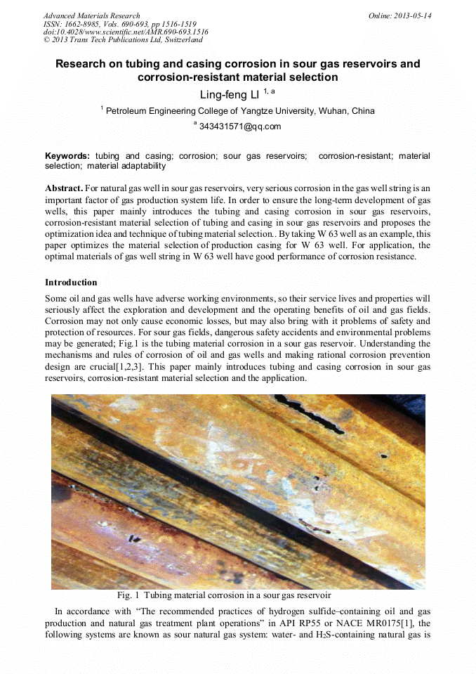 Research on Tubing and Casing Corrosion in Sour Gas Reservoirs and ...