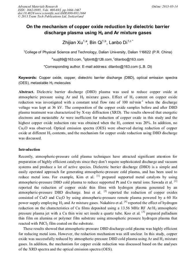 On the Mechanism of Copper Oxide Reduction by Dielectric Barrier ...