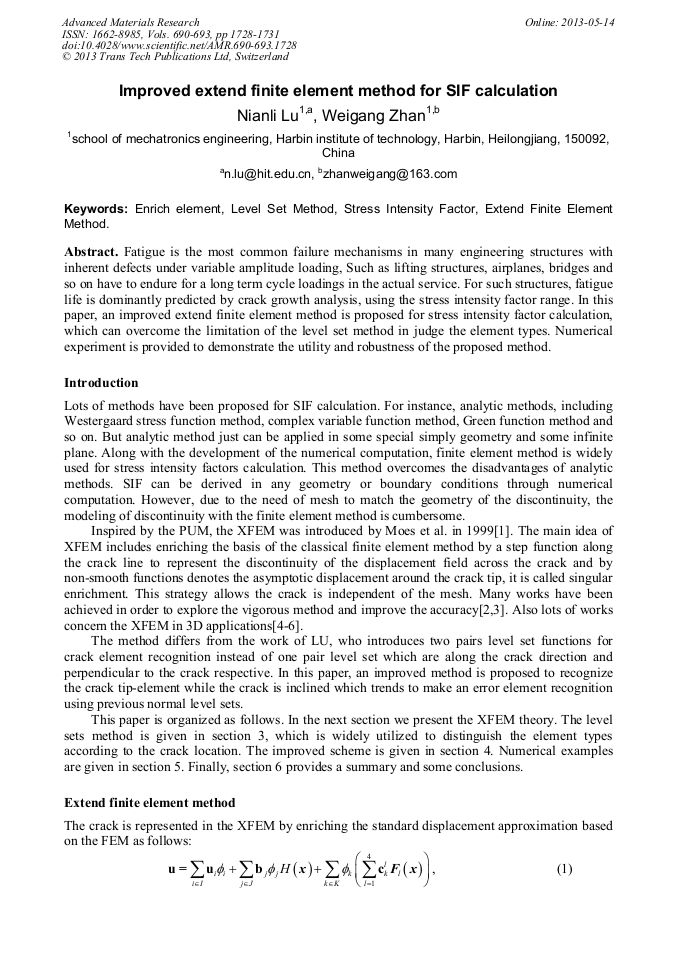 Improved Extend Finite Element Method for SIF Calculation | Scientific.Net