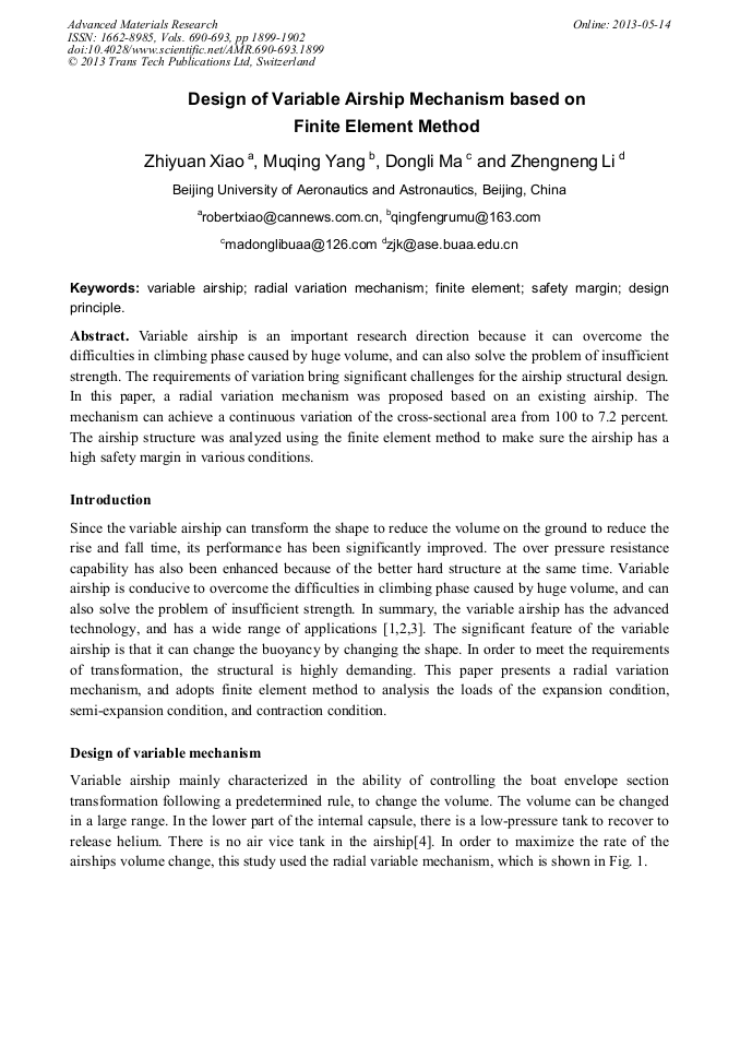 Design of Variable Airship Mechanism Based on Finite Element Method ...