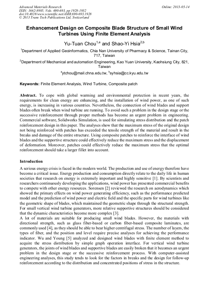 Enhancement Design on Composite Blade Structure of Small Wind Turbines Using Finite Element ...