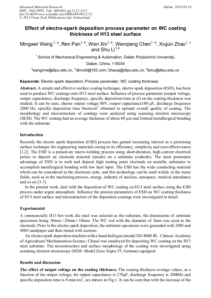Effect of Electro-Spark Deposition Process Parameter on WC Coating ...