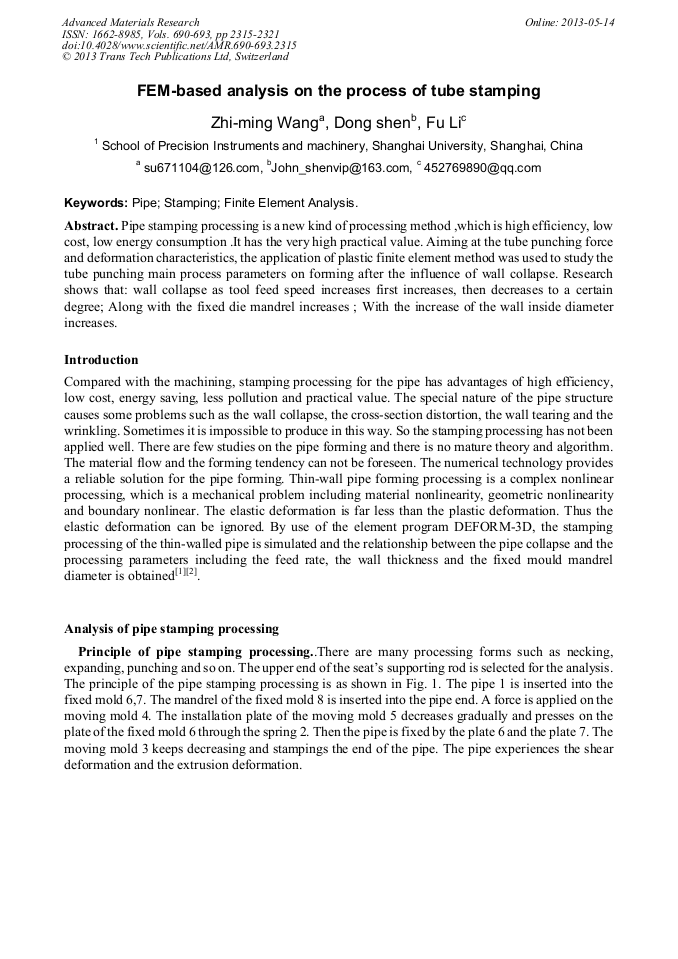 FEM-Based Analysis on the Process of Tube Stamping | Scientific.Net