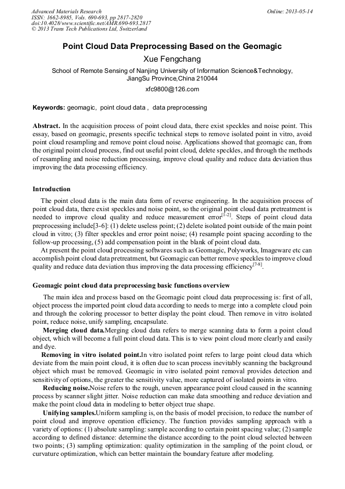 Point Cloud Data Preprocessing Based on the Geomagic | Scientific.Net