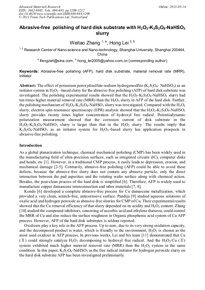 Abrasive-Free Polishing of Hard Disk Substrate with H2O2-K2S2O8-NaHSO3 ...