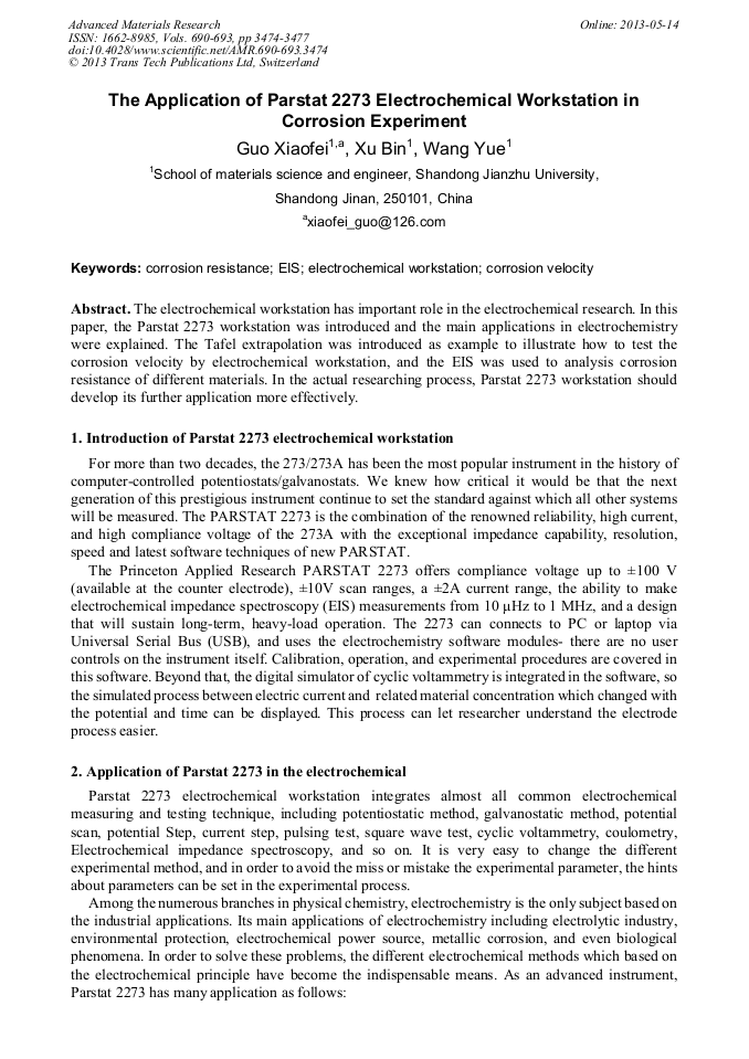 The Application of Parstat 2273 Electrochemical Workstation in ...