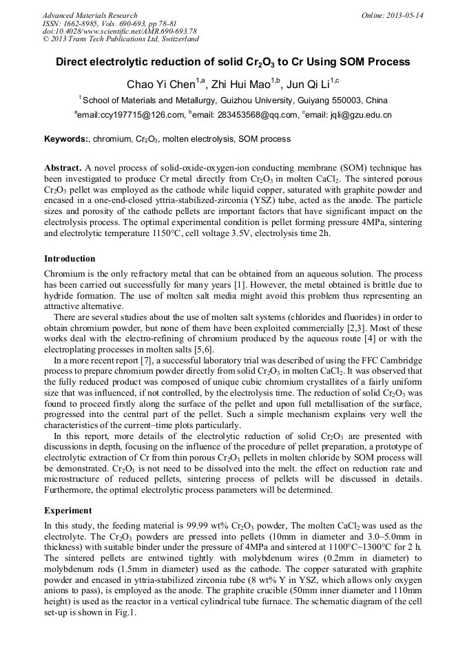 Direct Electrolytic Reduction of Solid Cr2O3 to Cr Using SOM Process ...