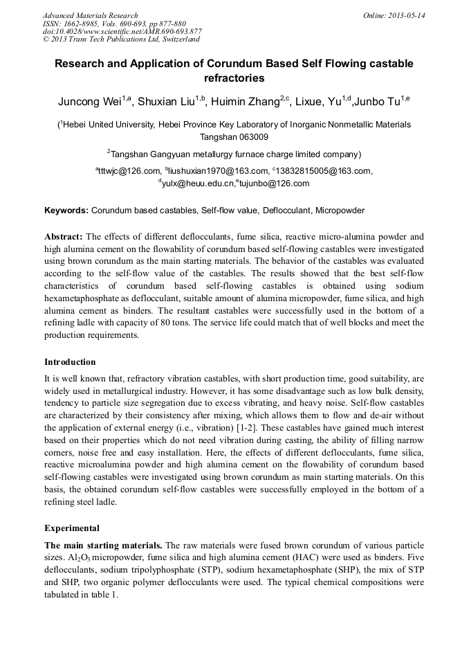 Research and Application of Corundum Based Self-Flowing Castable ...