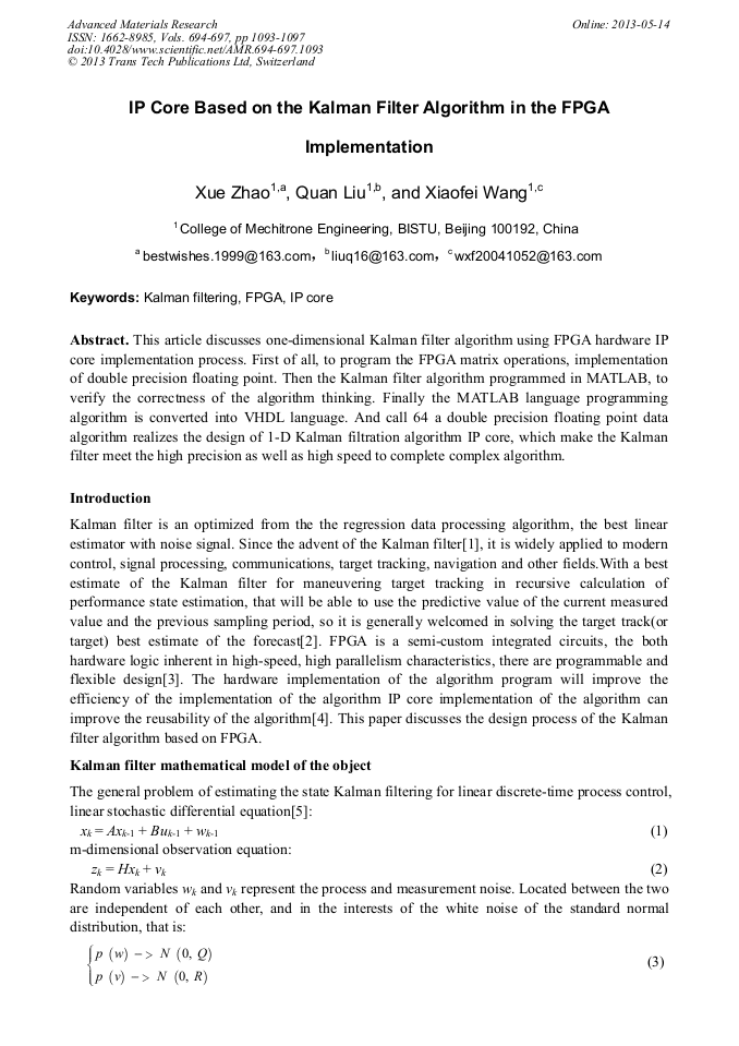 IP Core Based on the Kalman Filter Algorithm in the FPGA Implementation | Scientific.Net