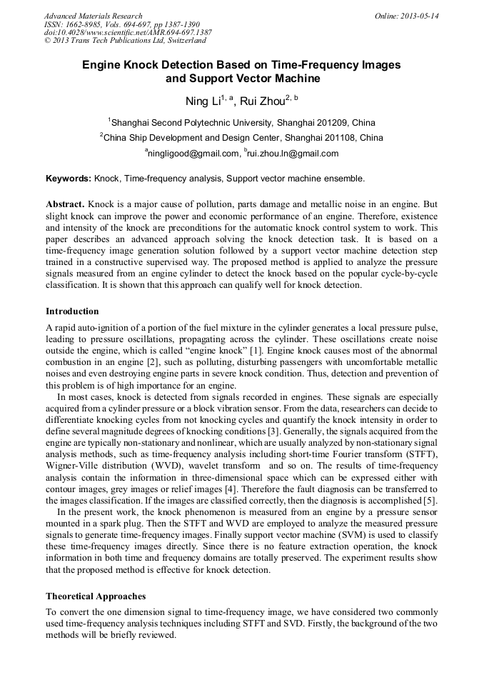 Engine Knock Detection Based on Time-Frequency Images and Support ...