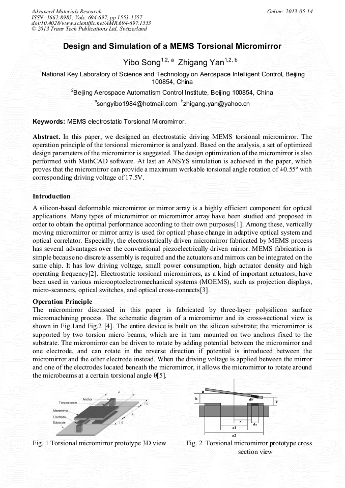 Design and Simulation of a MEMS Torsional Micromirror | Scientific.Net