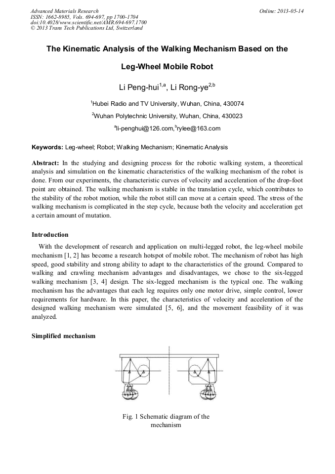 The Kinematic Analysis of the Walking Mechanism Based on the Leg-Wheel ...