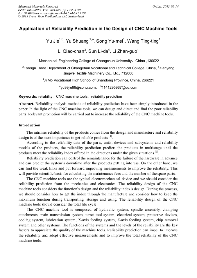 Application of Reliability Prediction in the Design of CNC Machine ...