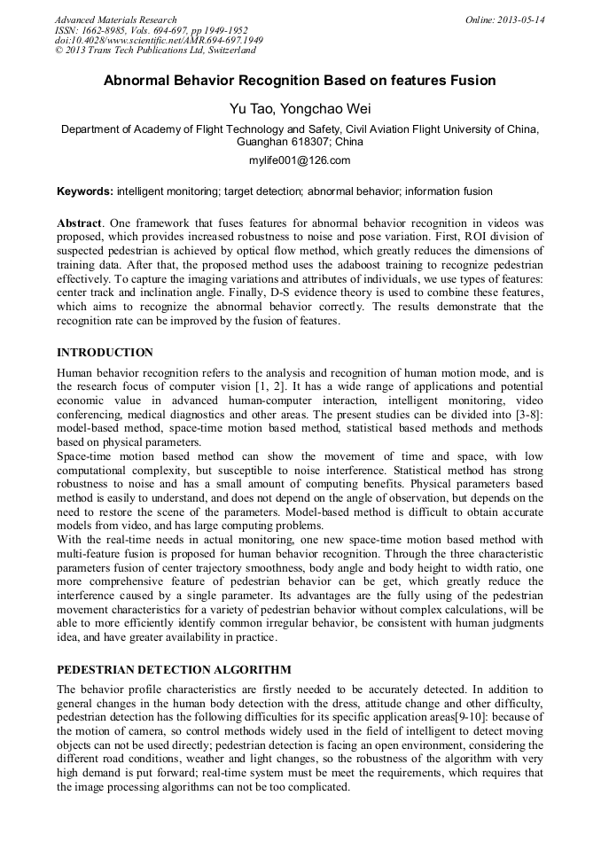Abnormal Behavior Recognition Based on Features Fusion | Scientific.Net