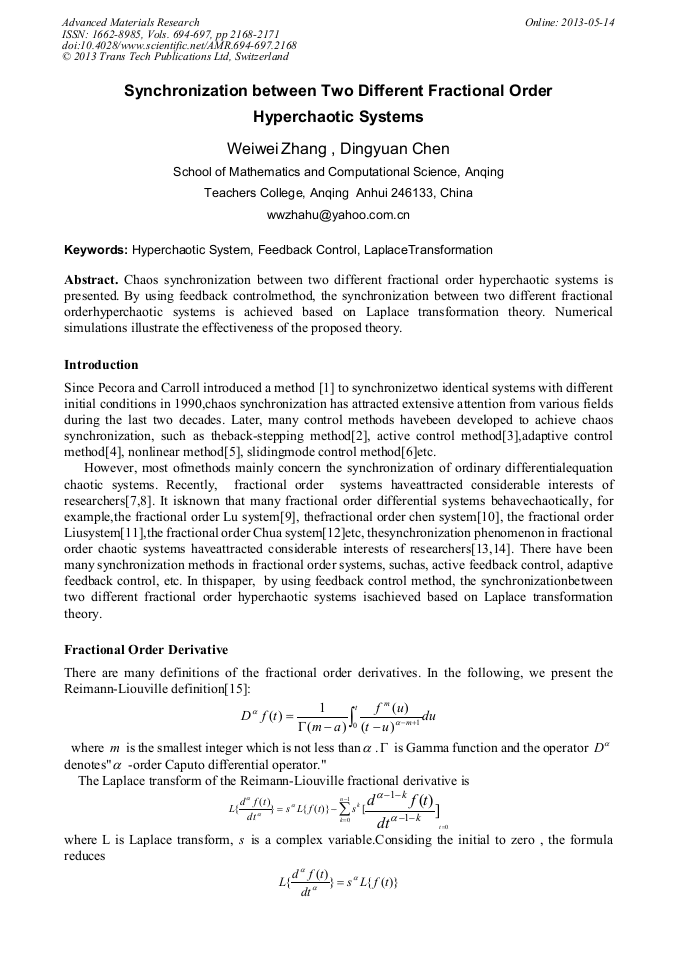 Synchronization Between Two Different Fractional Order Hyperchaotic Systems Scientific Net
