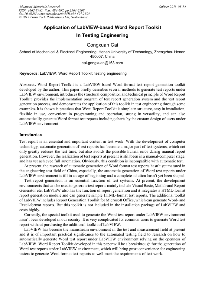Application of LabVIEW-Based Word Report Toolkit in Testing Engineering ...