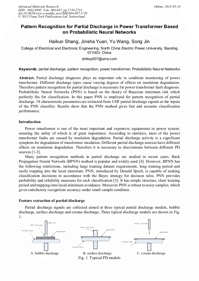 Pattern Recognition for Partial Discharge in Power Transformer Based on Probabilistic Neural ...