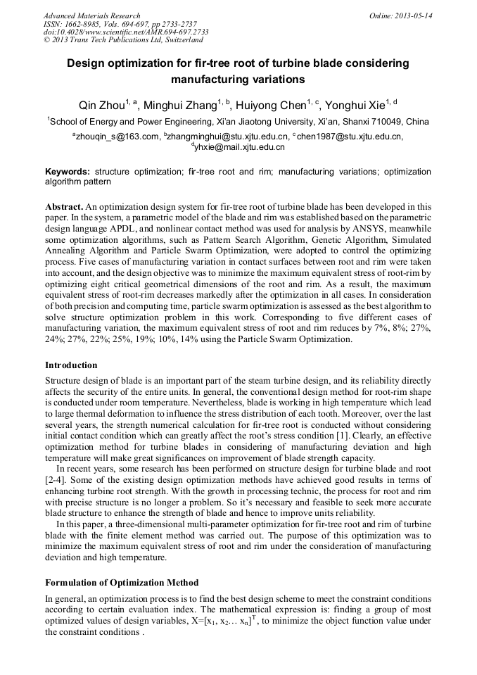 Design Optimization for Fir-Tree Root of Turbine Blade Considering ...