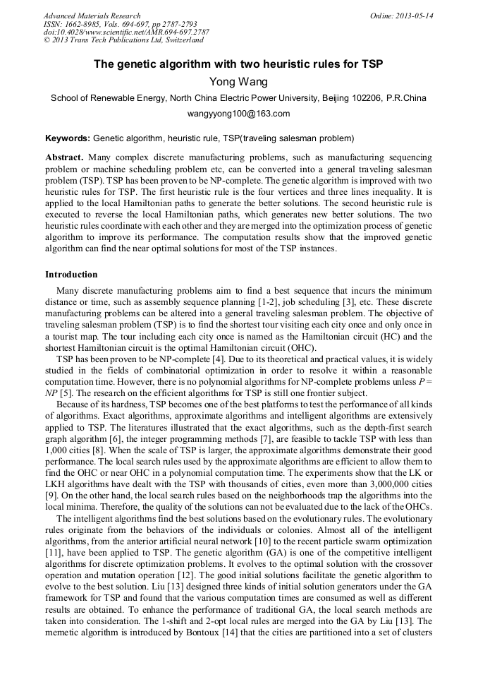 The Genetic Algorithm with Two Heuristic Rules for TSP | Scientific.Net