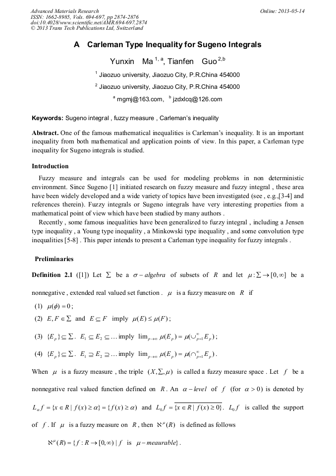 A Carleman Type Inequality for Sugeno Integrals | Scientific.Net
