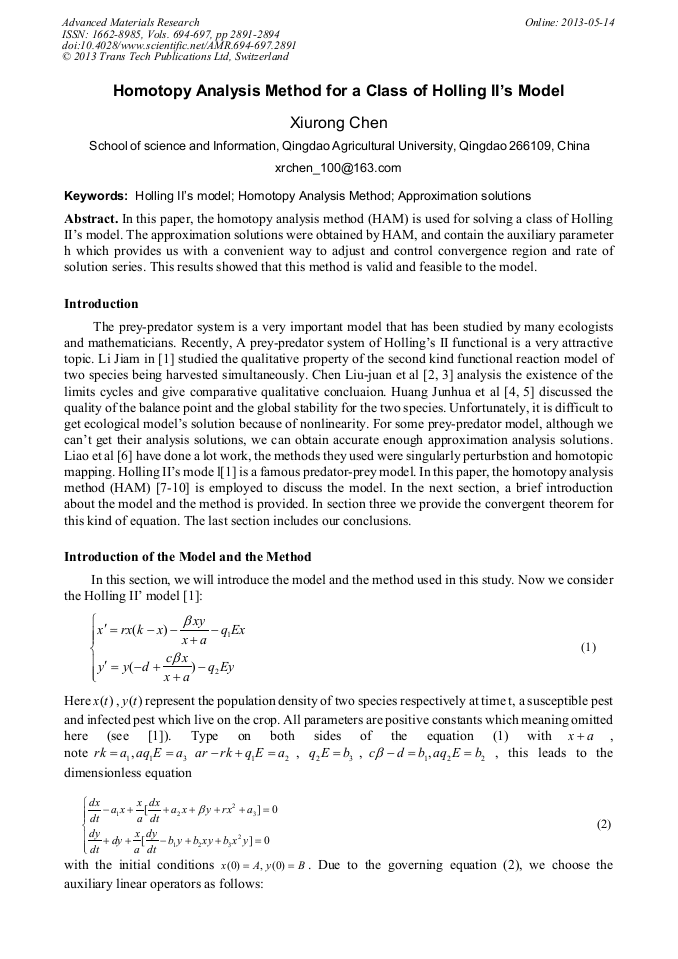 Homotopy Analysis Method for a Class of Holling II's Model | Scientific.Net