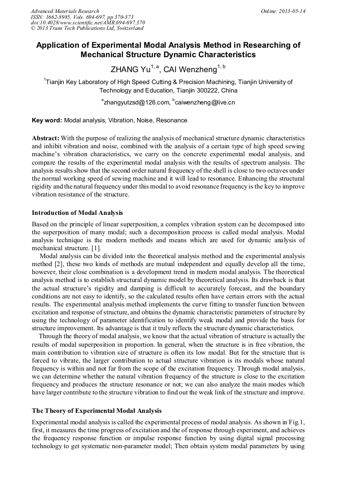 Application of Experimental Modal Analysis Method in Researching of Mechanical Structure Dynamic ...